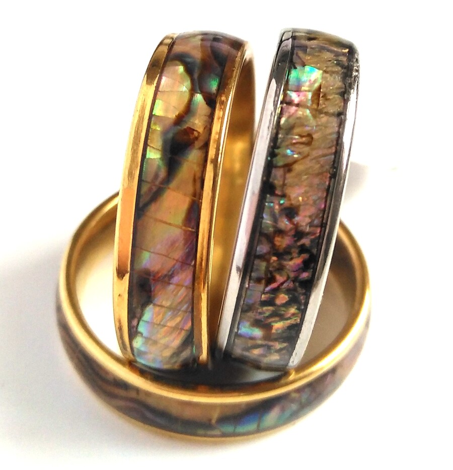 12pcs Gold & Silver Stainless Steel Abalone Shell Ring 6MM Unisex ...