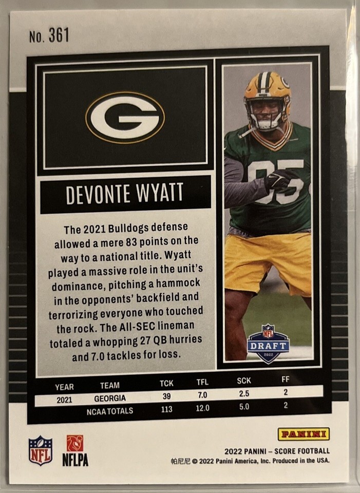 DeVonte Wyatt 2022 Score Rookie Card #361 Green Bay Packers | eBay