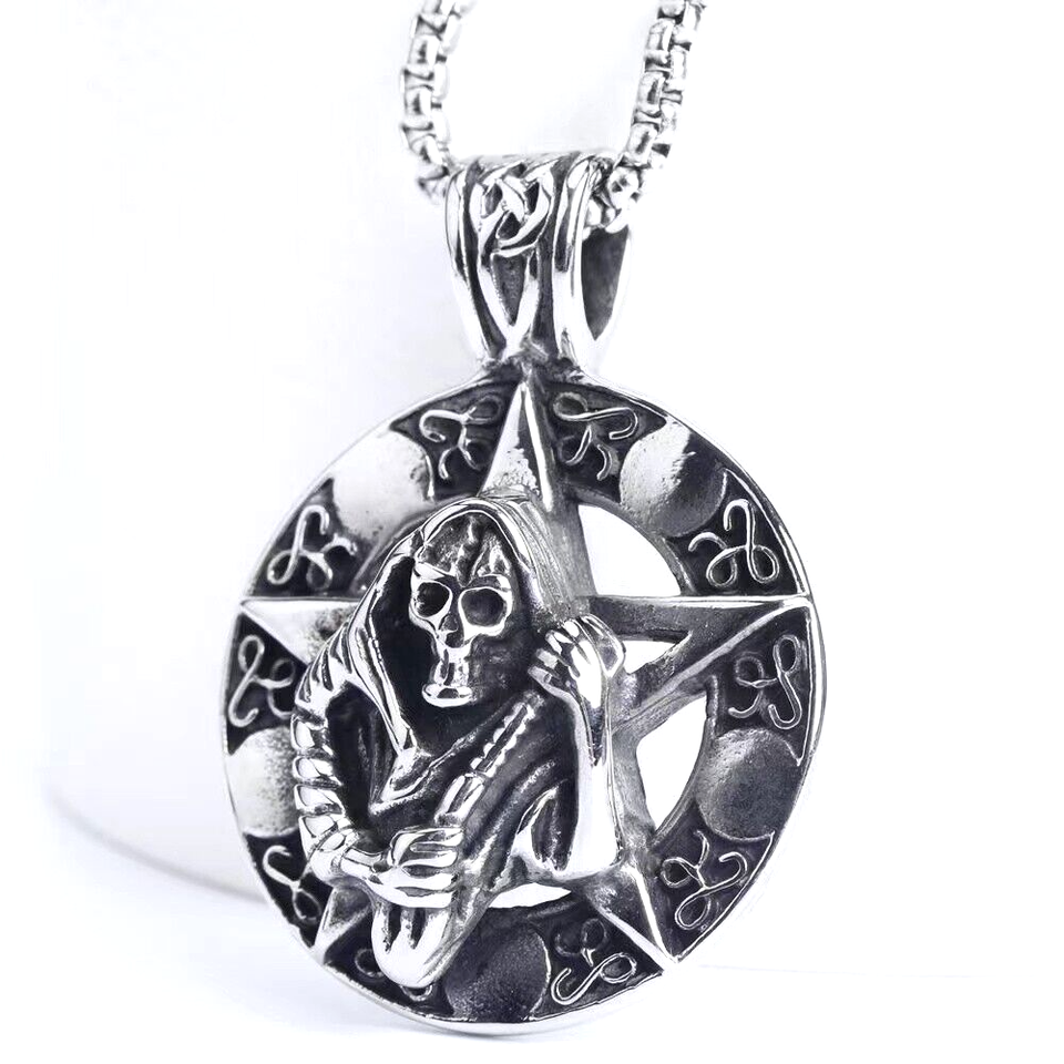 Men Silver Skull Grim Reaper Death Pendant Necklace Punk Rock Jewelry ...