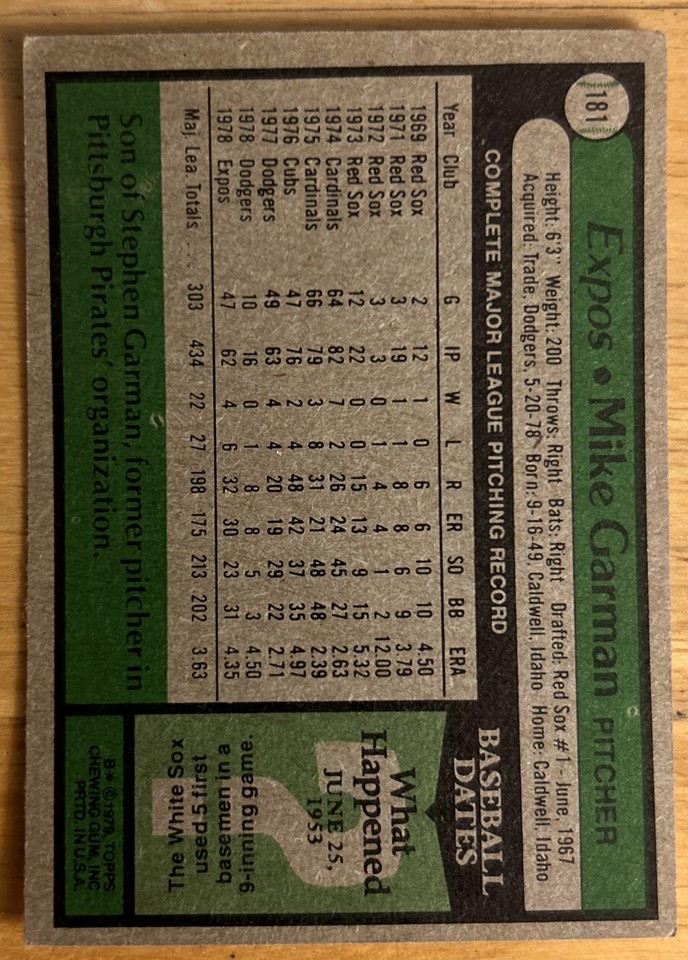 1979 Topps Mike Garman Baseball Card #181 Expos Pitcher Low-Grade | eBay