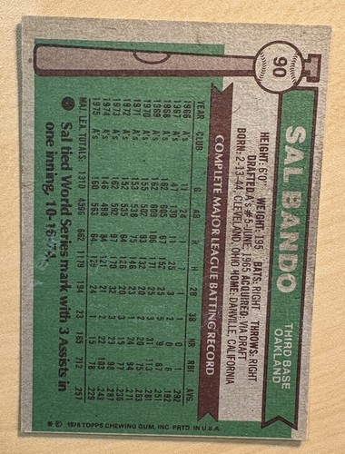 Sal Bando 1976 Topps Card #90, EX, Oakland A’s | eBay