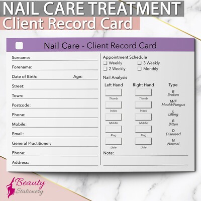 Nail Care Client Record Card Treatment Consultation Pedicure Manicure ...