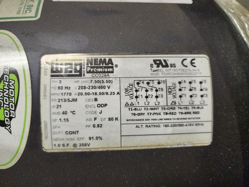7-1/2 hp WEG HP04P213/5JM Electric Motor 208-230/460 Volt 1770 RPM 213 ...