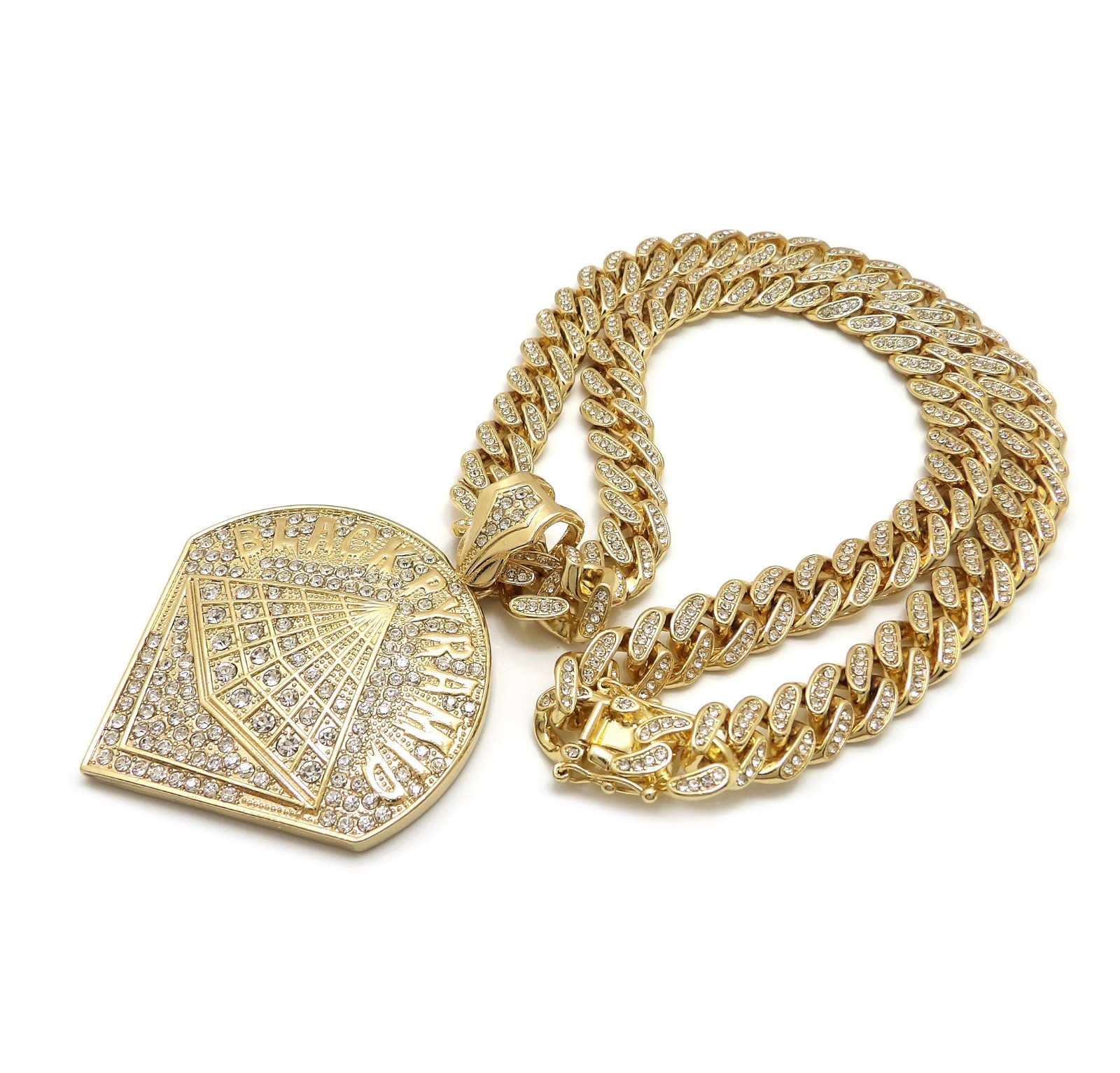 ICED BLACK PYRAMID PENDANT 12mm/30"BOX LOCK CUBAN CHAIN HIP HOP ...