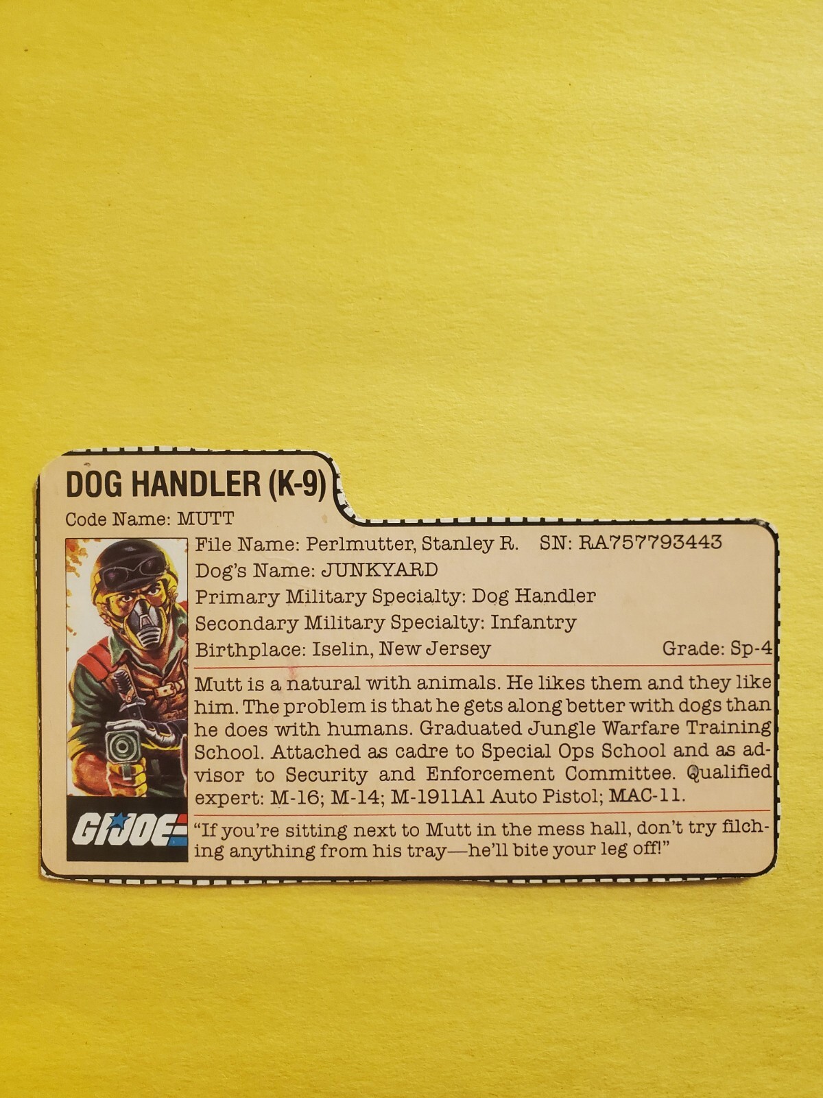 G.I. Joe Mutt 1984 File Card Original Dog Handler K-9 GI ARAH | eBay