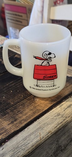 Snoopy Fire King Vintage Mug Red Baron 1965 Curse You White Milk Glass ...