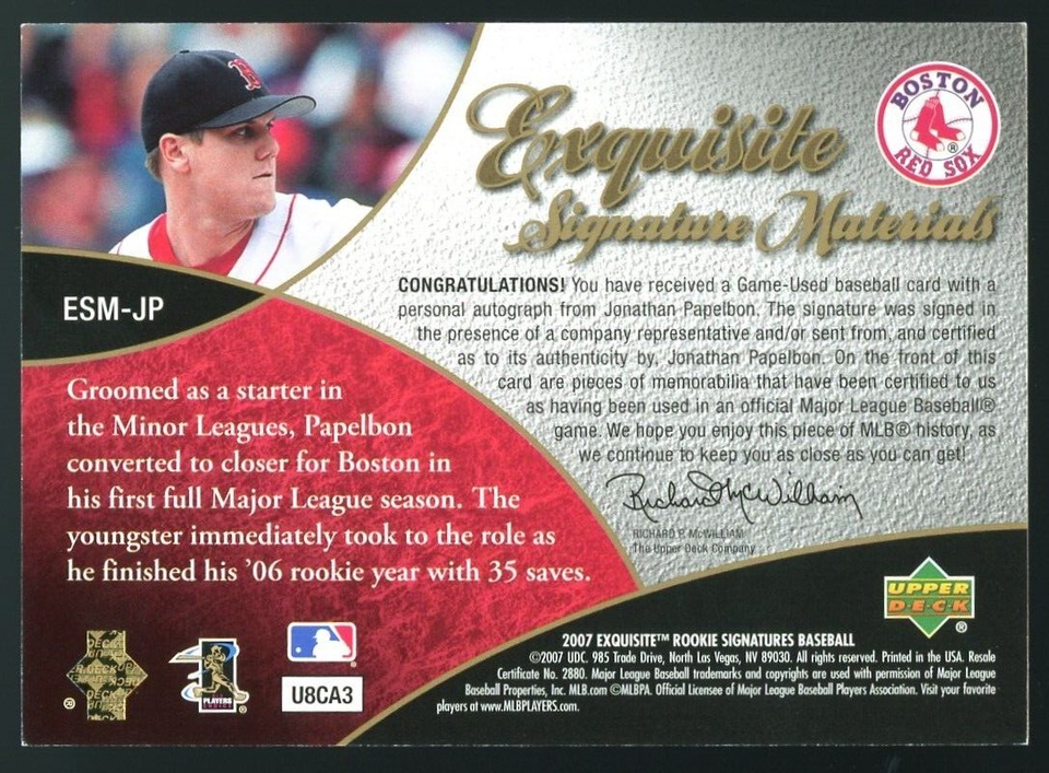 JONATHAN PAPELBON 2007 EXQUISITE '05 ROOKIE SIGNATURE MATERIALS PATCH ...