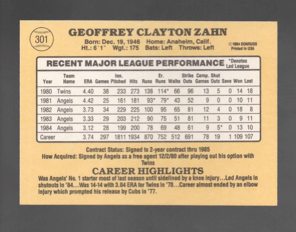 1985 Donruss Geoff Zahn California Angels #301 Excellent | eBay
