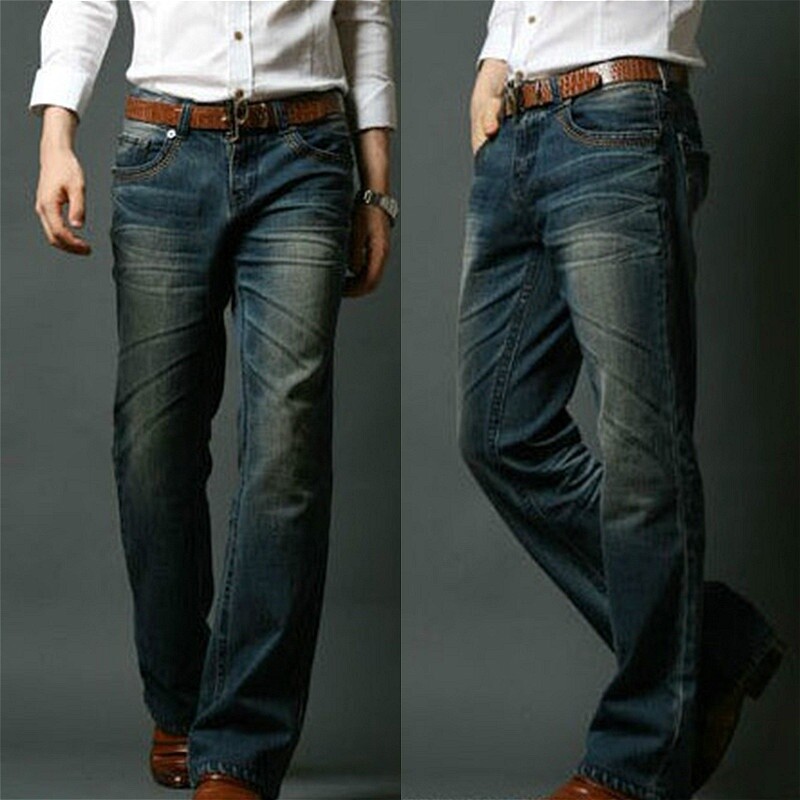 Men's Bell Bottom Jeans Vintage Pants Long Trousers Distressed Flared ...