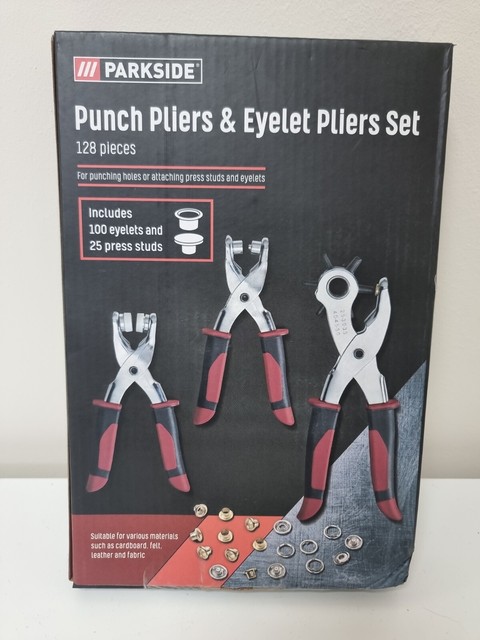 Parkside 128pc Punch Pliers & Eyelet Pliers Set 100 eyelets & 25 press ...