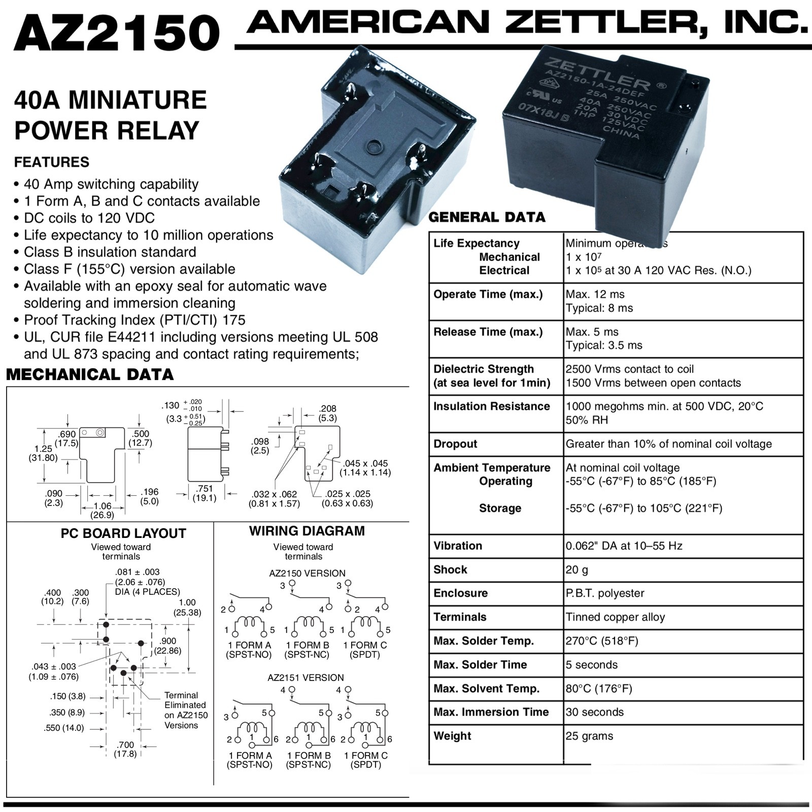 American Zettler 40A PCB Mount Sealed Relay AZ2150-1A SPST 24VDC (lot ...