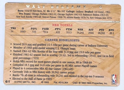 WALT BELLAMY🏀 1993 Hall Of Fame #61 Mfd. By the "Ted Williams Card ...
