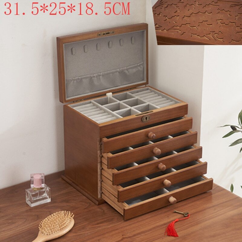 Solid Wood Six-Layer Jewel Box Large Capacity With Lock Earring ...