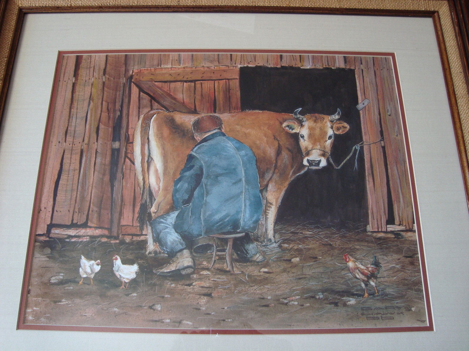 Original Watercolor by GARY HAWK - Kansas, U.S.A. Milking a Cow w ...
