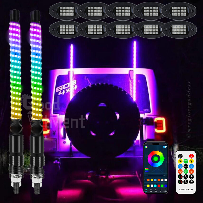 10 Rock Lights + 2x 1ft LED COB RGB Whips Light For Jeep Wrangler JL JK ...