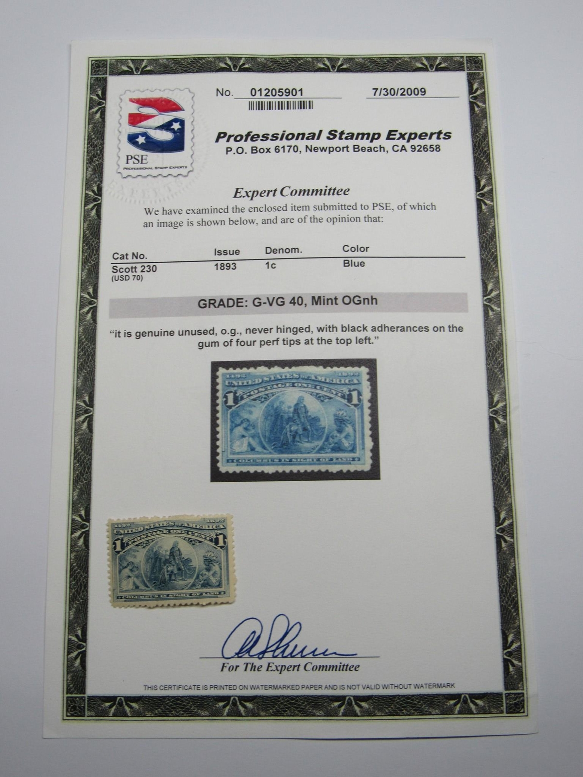 PSE Certified Stamp 1893 U.S. POSTAGE 1¢ GRADE:G-VG40, Mint OGnh Stamp ...