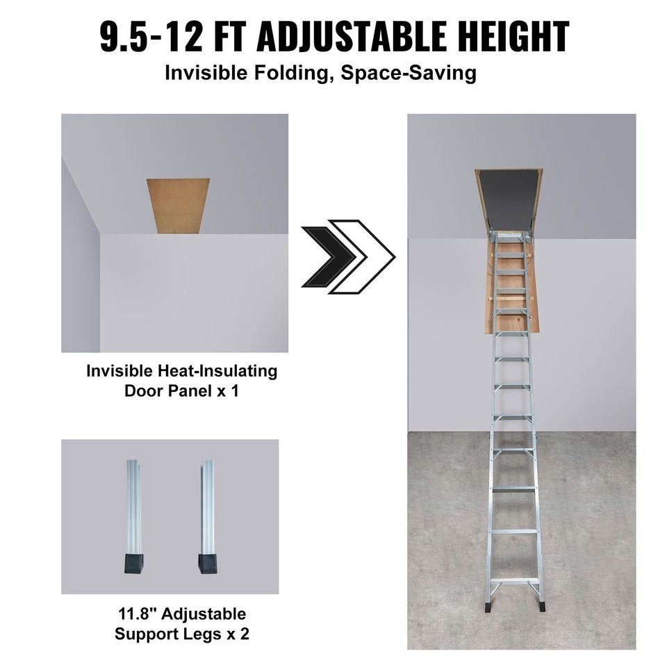9.5-12ft Folding Attic Ladder Aluminum Adjustable Portable Loft Stairs ...