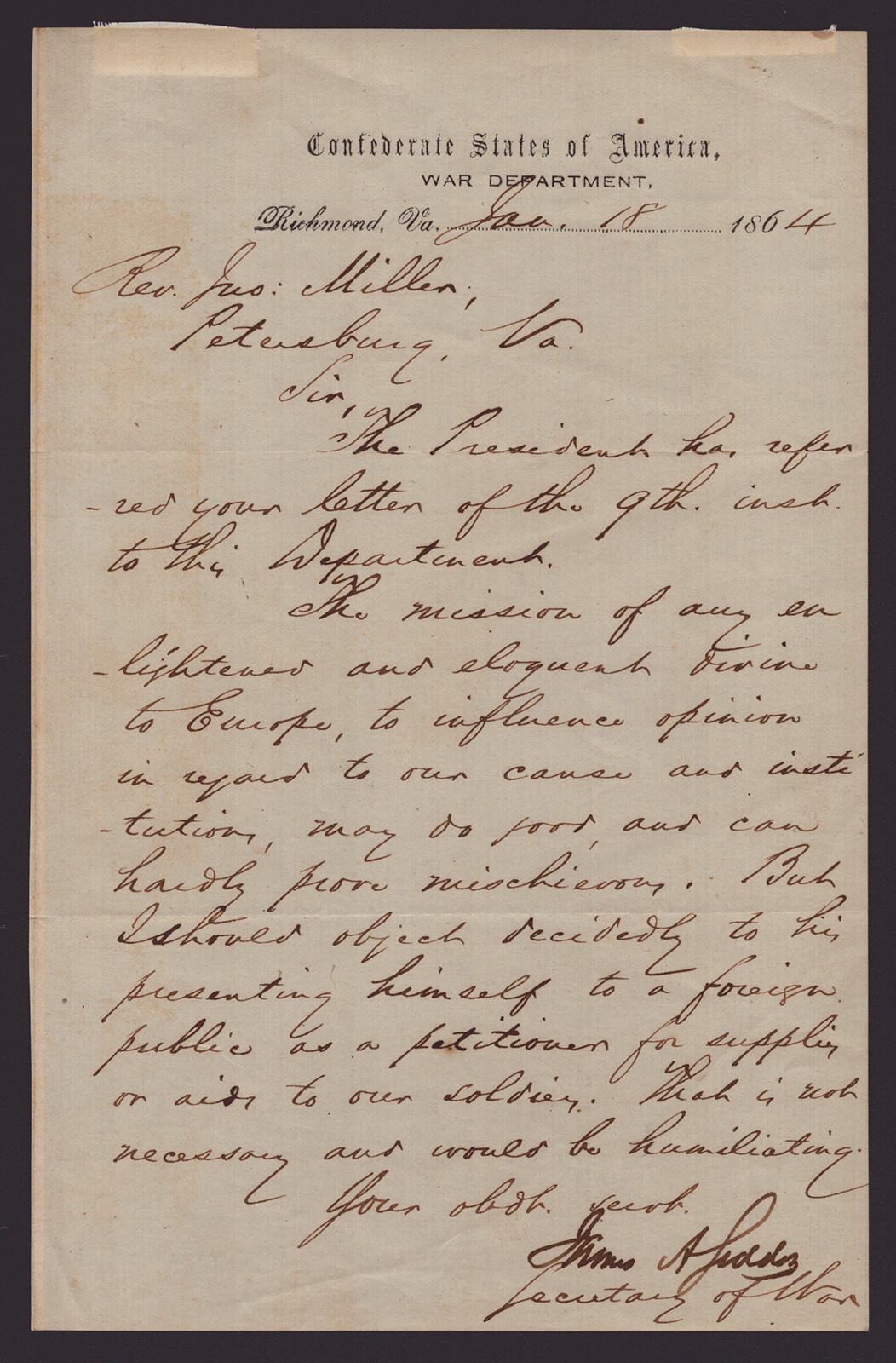 JAMES A. SEDDON - MANUSCRIPT LETTER SIGNED 01/18/1864 | eBay