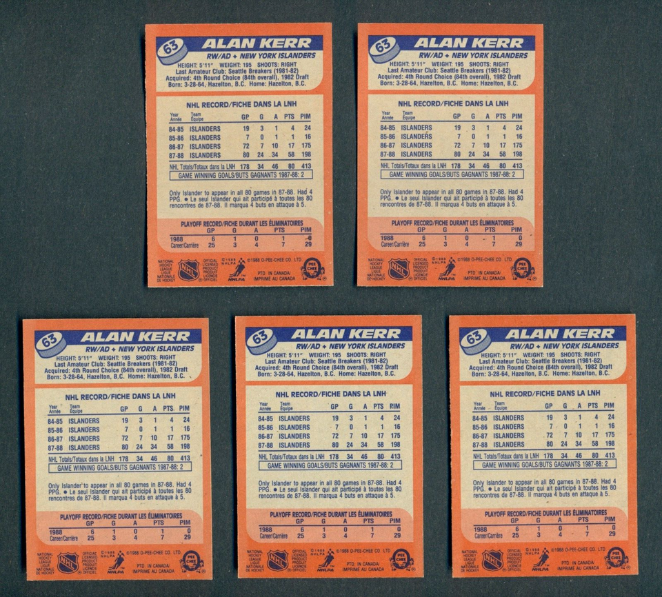 1988-89 O-Pee-Chee #63 Alan Kerr RC Rookie 5 Card Lot NM-MINT Islanders ...