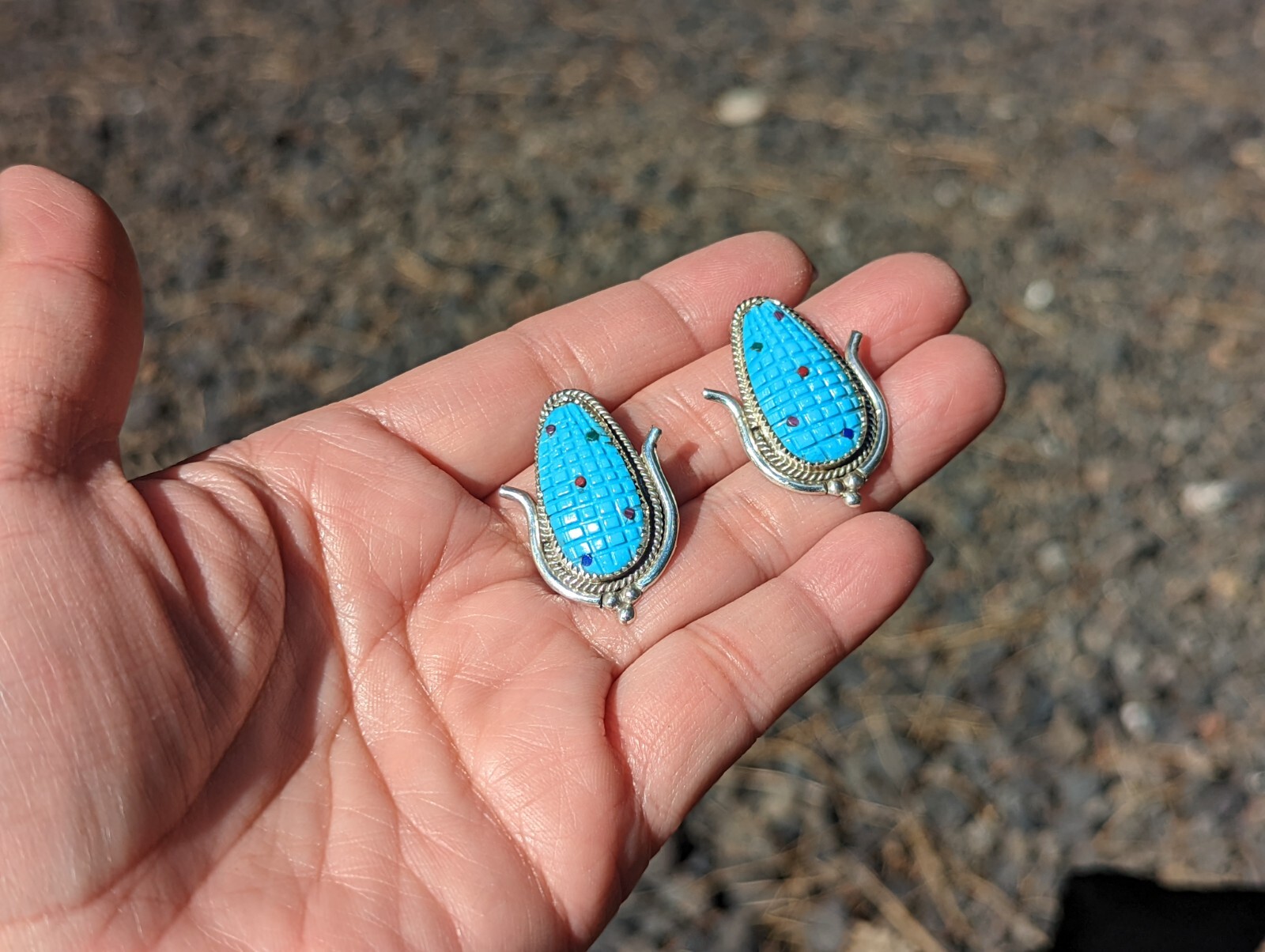 Zuni Corn Earrings, Turquoise Sterling Silver Hand Made Tracy Bowekaty ...