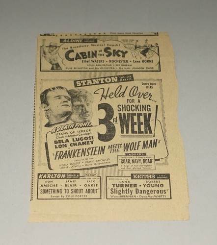 CIRCA 1943 FRANKENSTEIN MEETS THE WOLF MAN UNIVERSAL MOVIE NEWSPAPER ...
