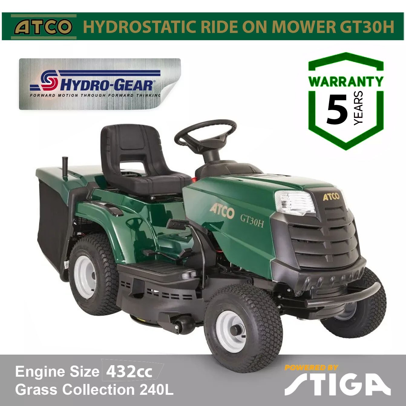 ATCO GT30H Hydrostatic Petrol Ride On Lawnmower Deck 84cm Engine 432cc ...