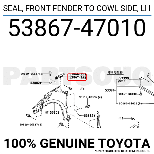 5386747010 Genuine Toyota SEAL, FRONT FENDER TO COWL SIDE, LH 53867 ...