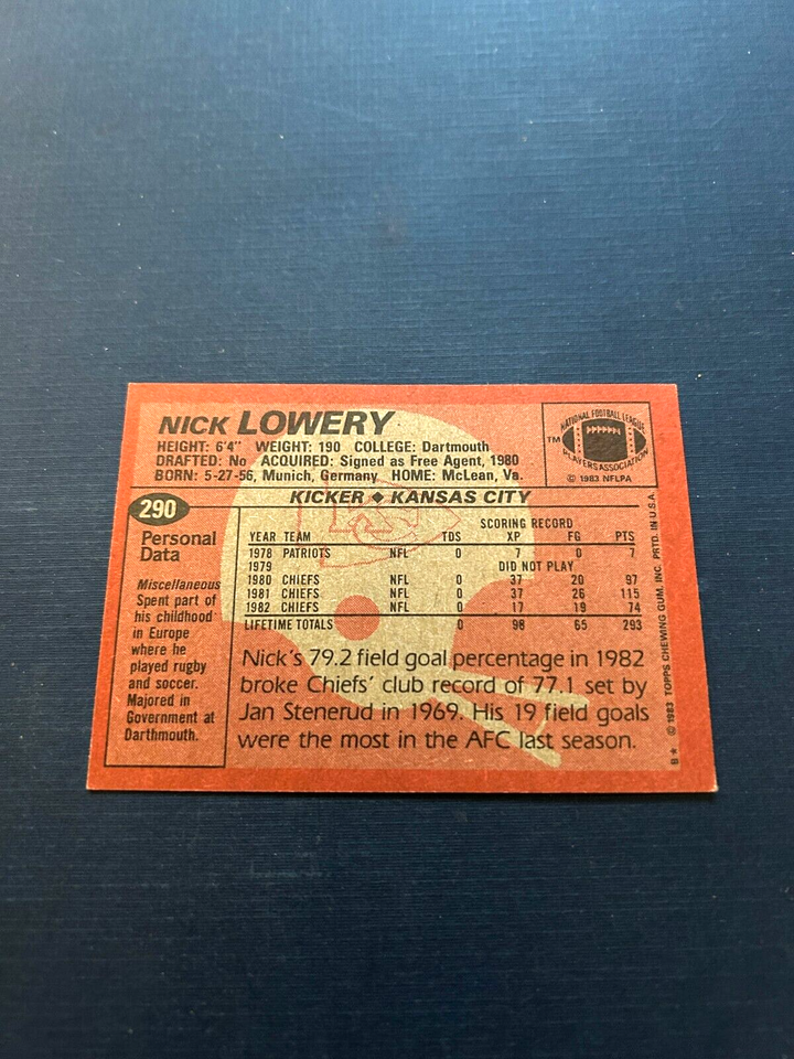 1983 Topps Football Nick Lowery #290 Set Break NM | eBay