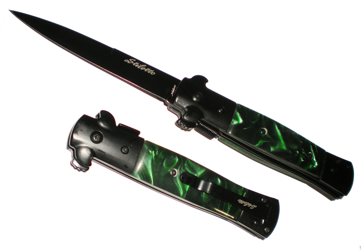 Tactical EDC Pocket Knife GREEN Handle BLACK Blade with Fast Spring ...