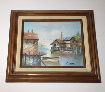 Oil Painting Signed W. Zeller Wood Framed Fishing Village | eBay