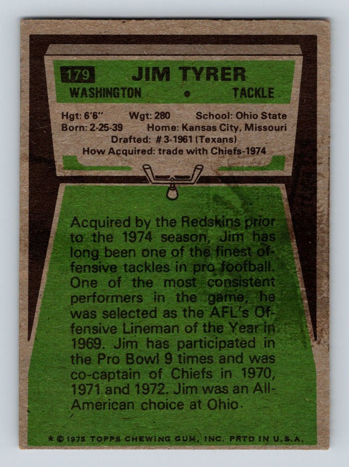 1975 Topps #179 Jim Tyrer Washington Redskins | eBay