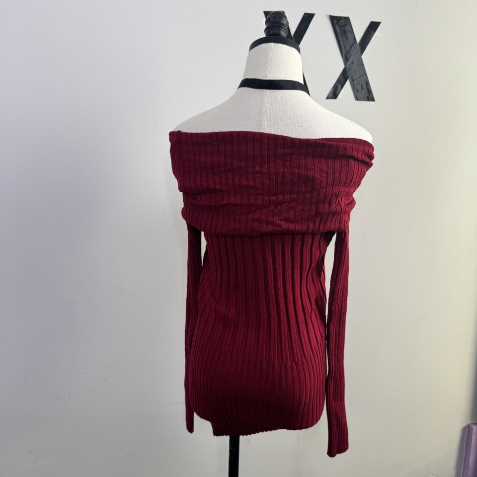 Vintage 90s Burgundy Off Shoulder Ribbed Knit Sweater Top Indie ...