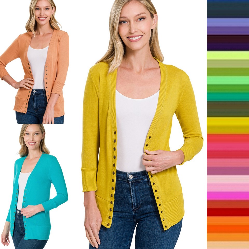 Women's 3/4 Sleeve Snap Button Front Ribbed Detail V Neck Sweater ...