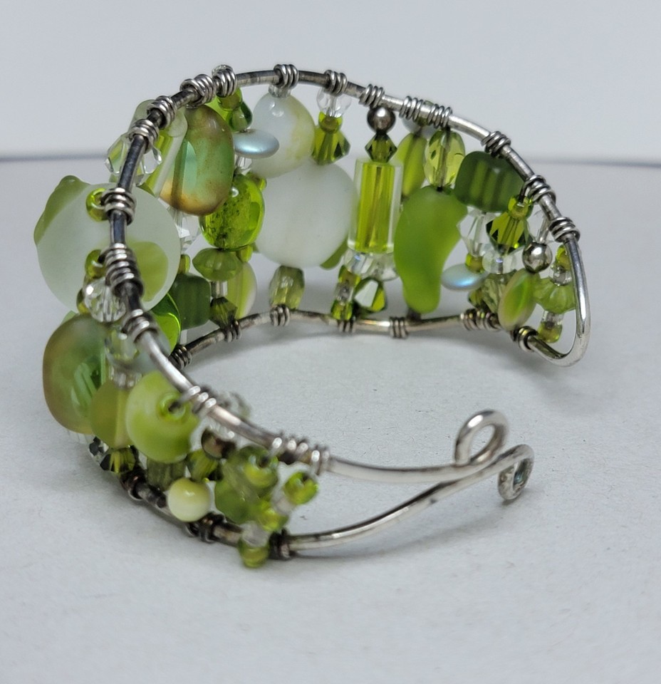 Handmade Green Glass and Crystal Beaded Cuff Bracelet Wire-Wrapped ...