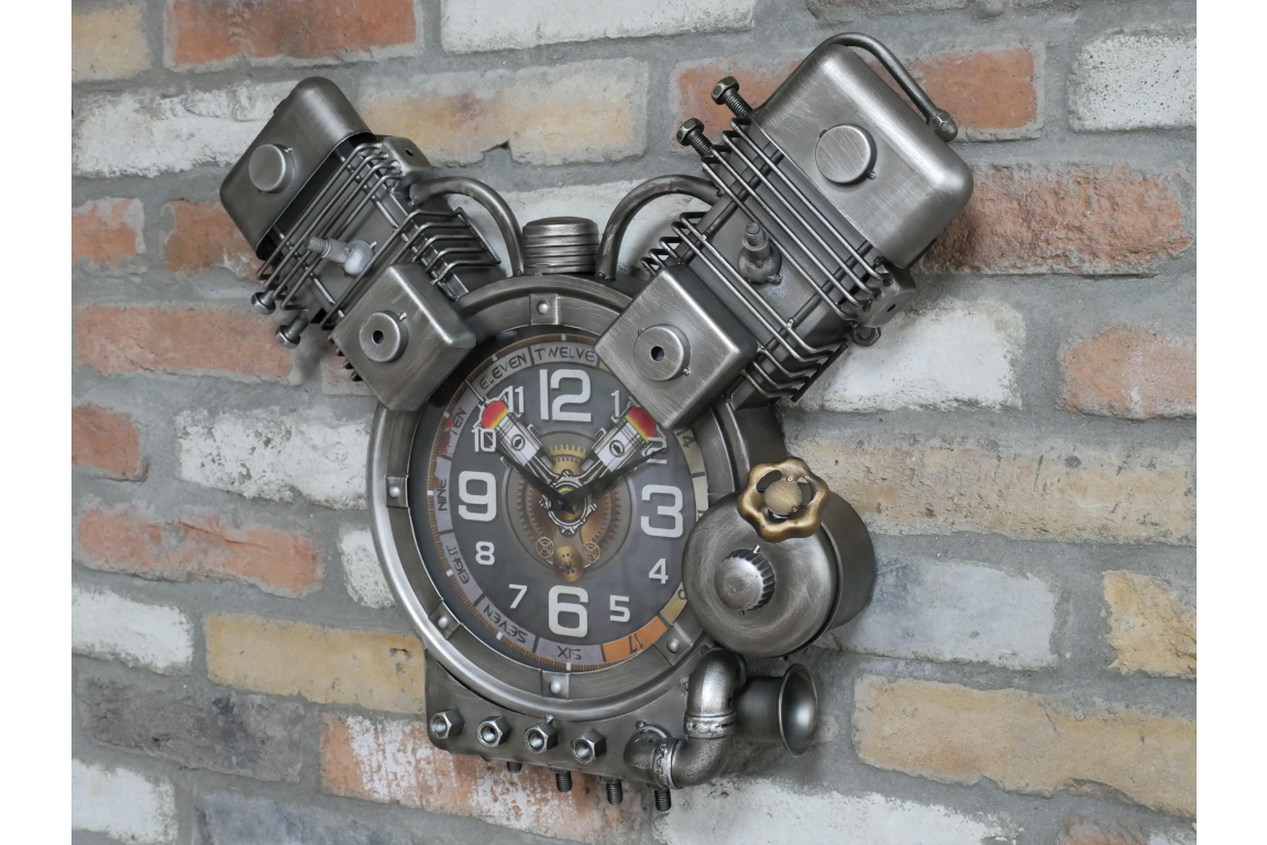 50cm Engine Wall Clock Novelty Metal Distressed Silver Gift Motorbike ...