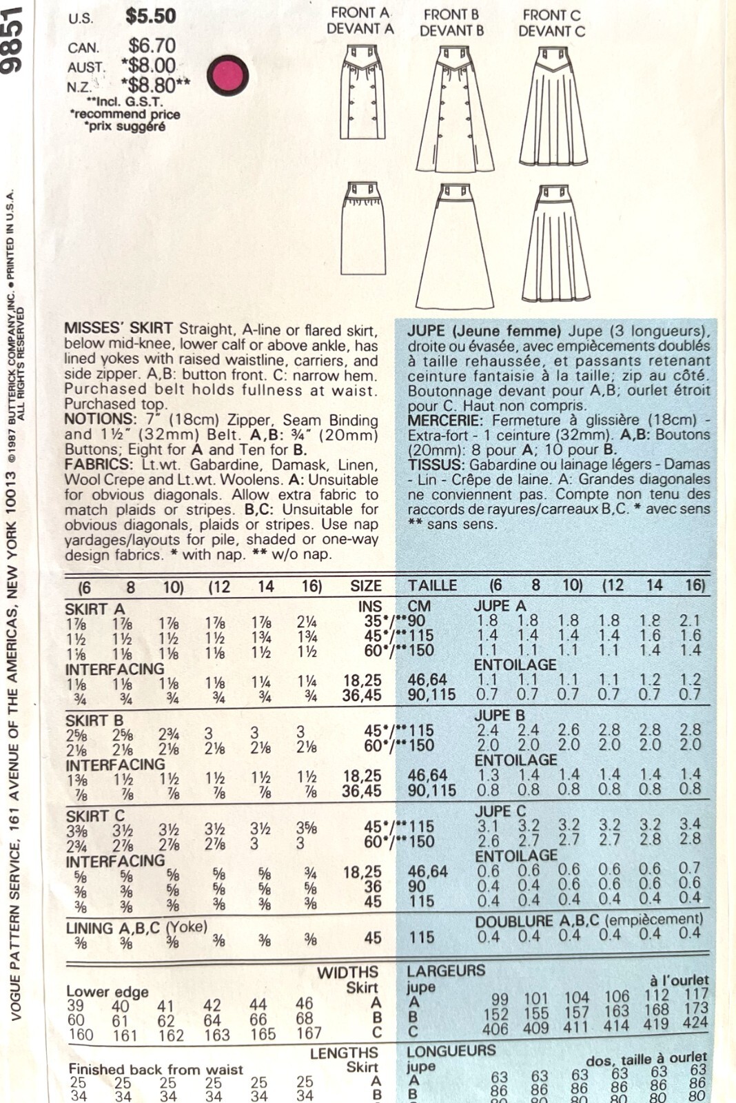 1980's VOGUE Misses' Skirt Pattern 9851 Size 6-10 UNCUT | eBay