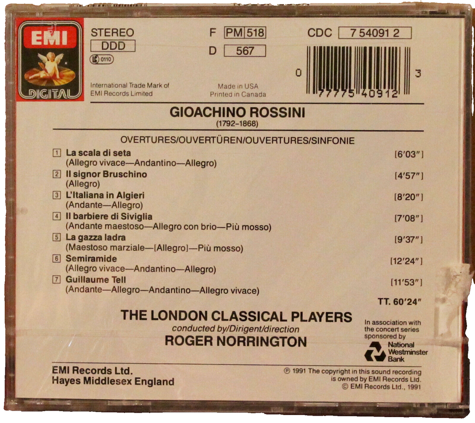 EMI CD CDC-7-54091-2: ROSSINI: Overtures - Roger NORRINGTON - 1991 USA ...
