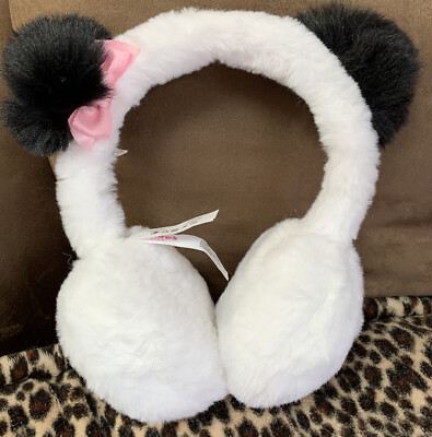 GIRLS PANDA EARMUFFS WHITE PLUSH PINK BOW SUPER CUTE!! | eBay