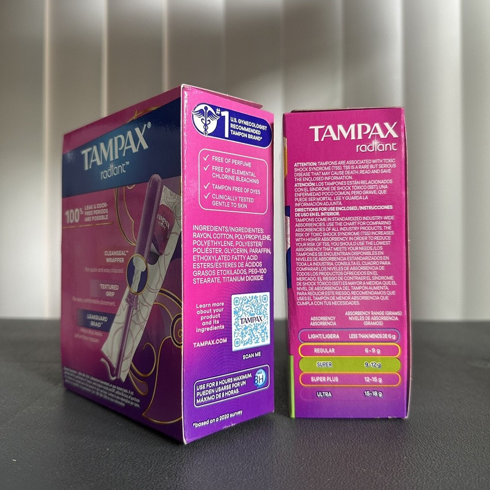 Tampax Radiant Super Absorbency Tampons Unscented 14 Count Box Size S ...