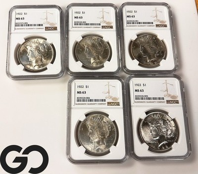 5-Coin Investor Lot, 1922 Silver Peace Dollar CAC MS 63 ** Cartwheel ...