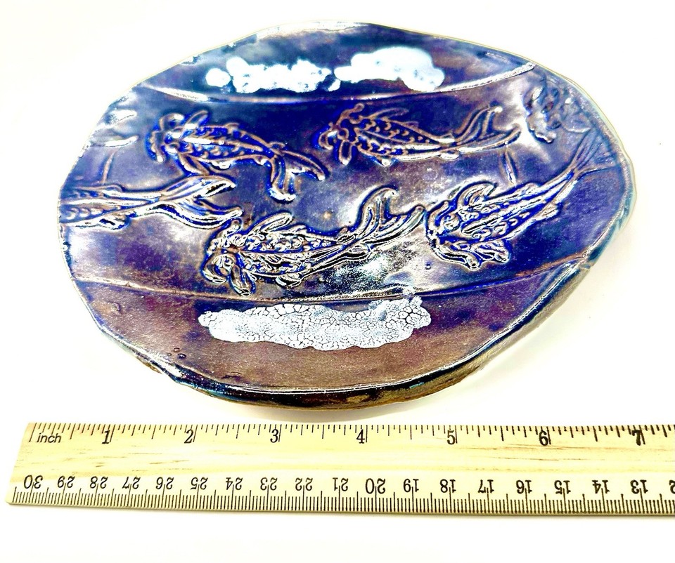 Handmade Art Pottery Stoneware Plate, Fish/Water Design, Blue Luster ...