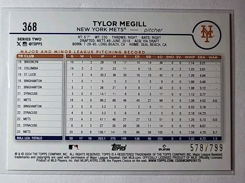 Tyler Megill Purple Foil /799 2024 Topps Series 2 | eBay