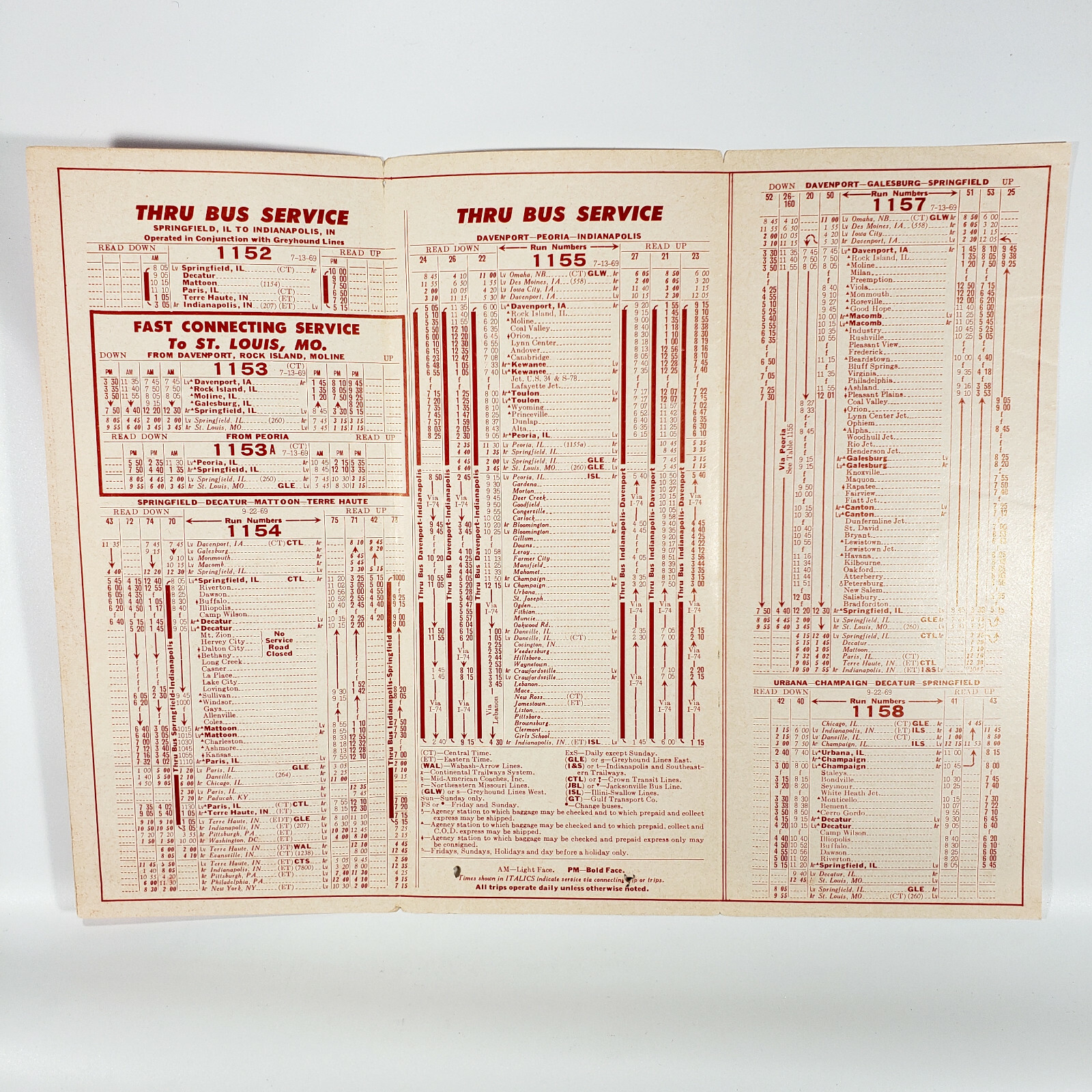 1969 Crown Transit Lines Bus Brochure Timetable Illinois Iowa Indiana ...