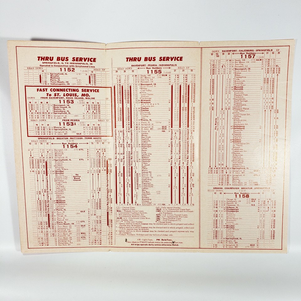 1969 Crown Transit Lines Bus Brochure Timetable Illinois Iowa Indiana ...