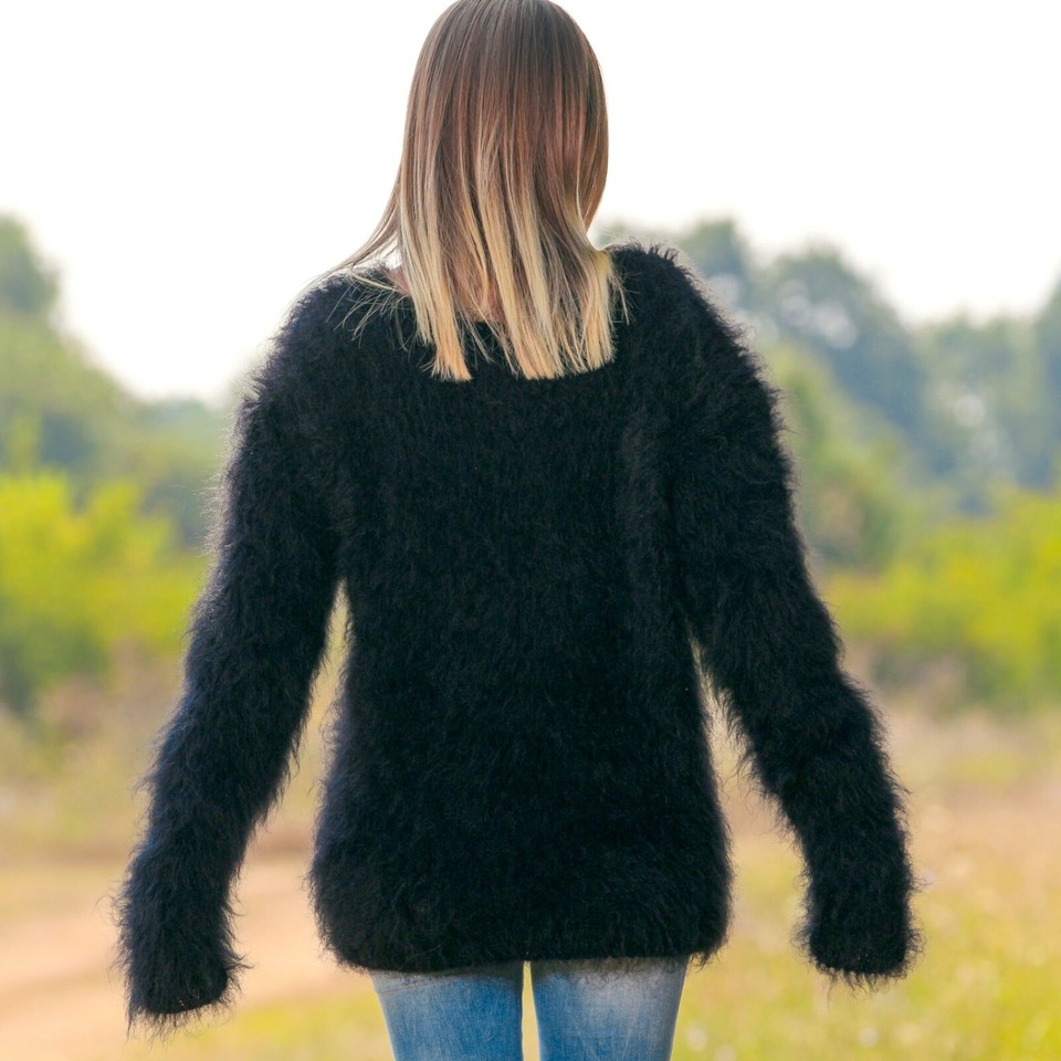 Fuzzy mohair sweater sexy top V neck jumper hand knit fluffy knitwear ...