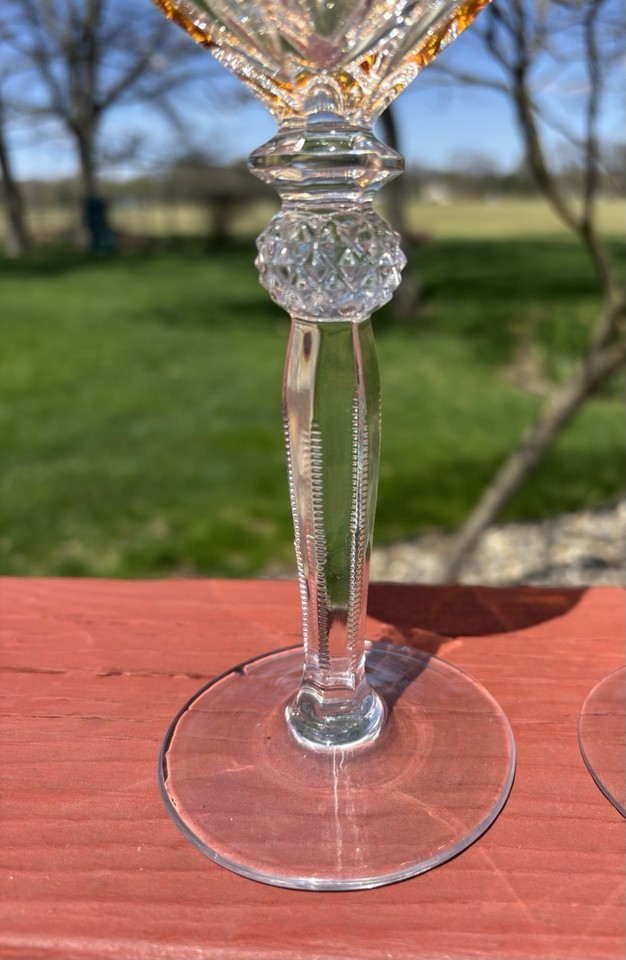 2 Vintage Yellow Bohemian Czech Cut To Clear Crystal Hock Wine Glass ...