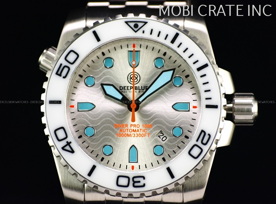 Rare Deep Blue 44mm Mens Diver Pro 1000m Automatic Silver Dial Sapphire ...