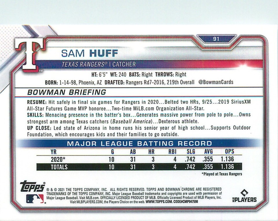Sam Huff RC 2021 Topps Bowman Chrome Baseball Rookie Card #91 Texas ...