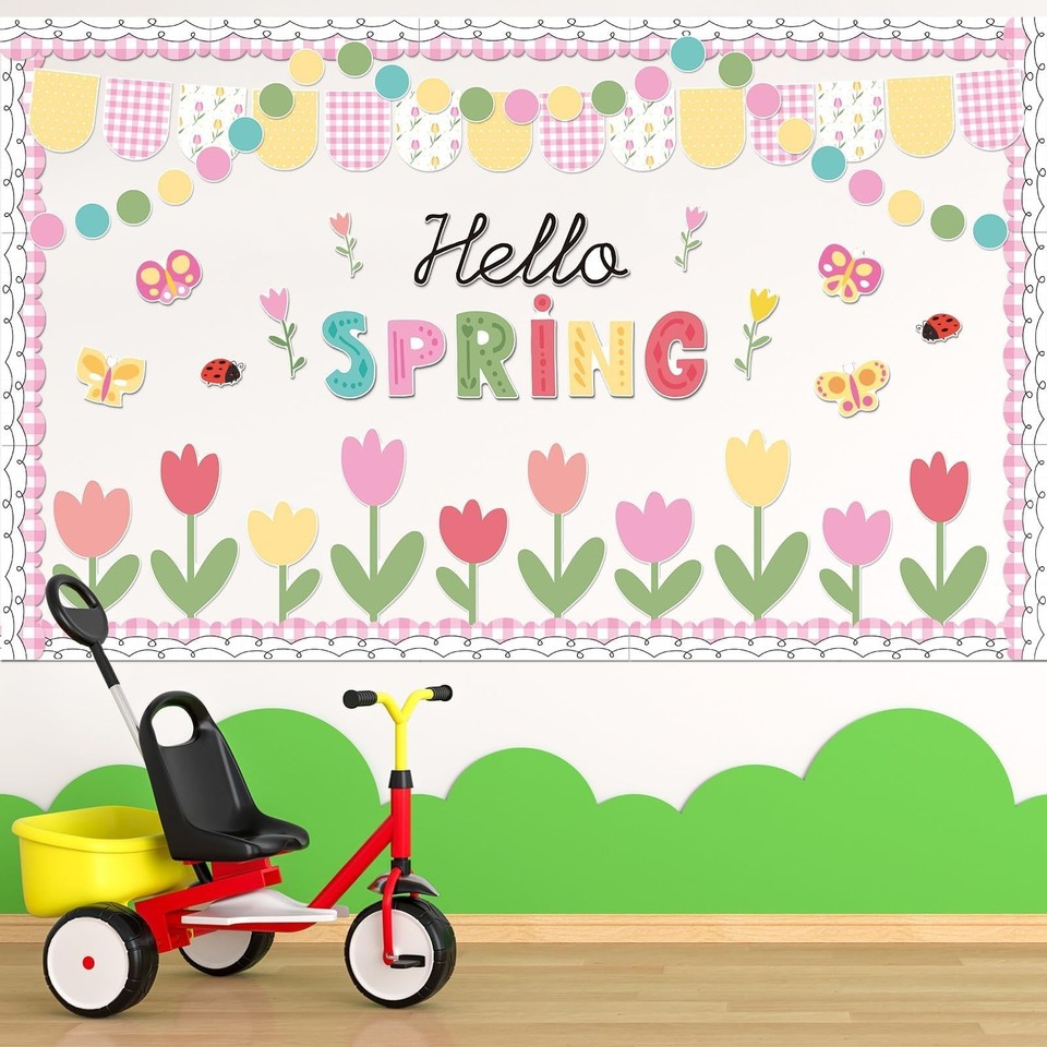 Hello Spring Bulletin Board Decorations Tulip Cutouts Pink Floral ...