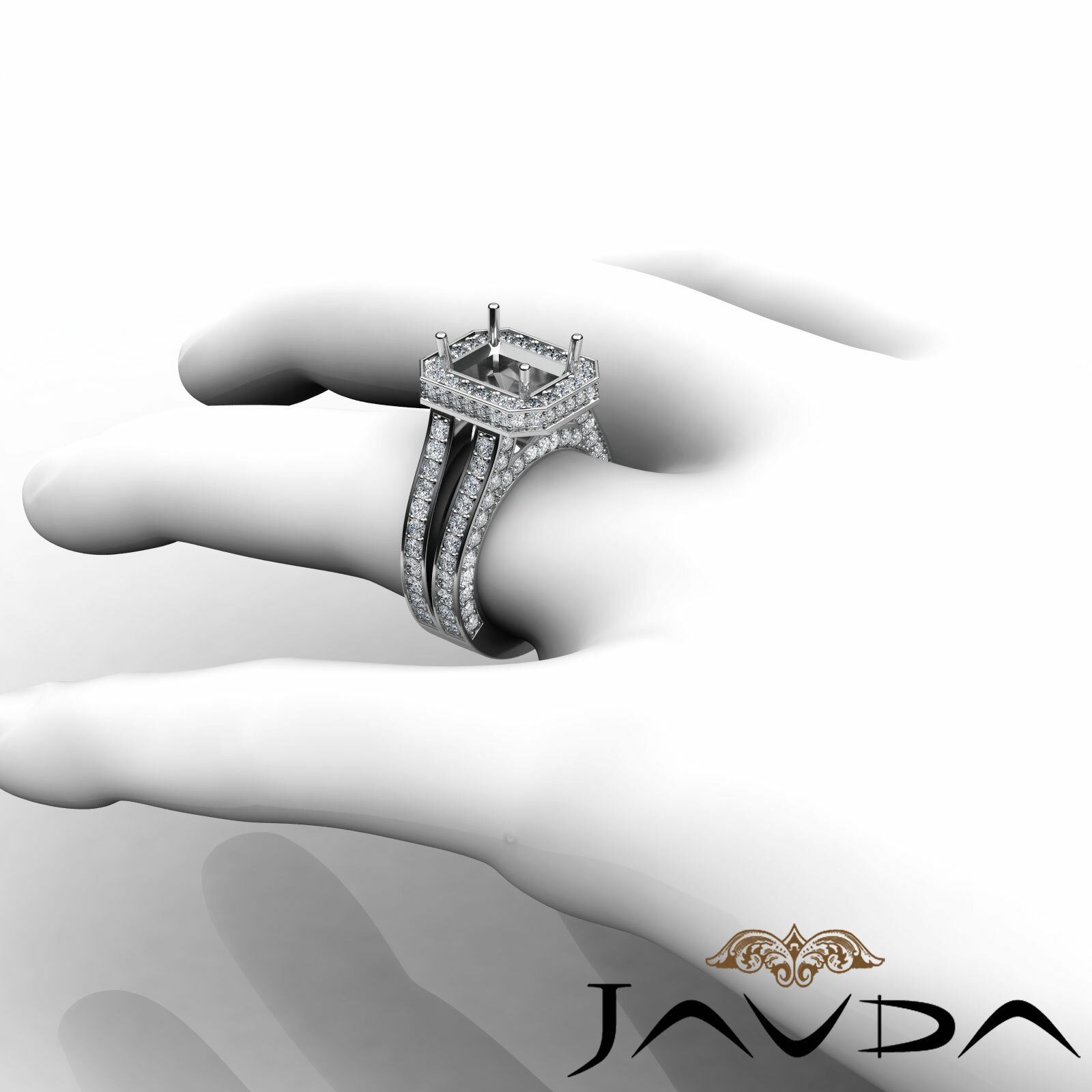 Huge Halo Pre-Set Emerald Semi Mount Diamond Engagement Ring Platinum ...
